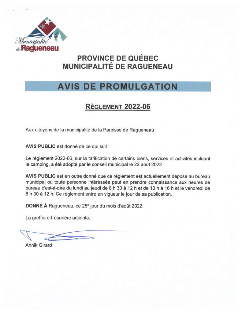 Avis de promulgation - Règlement 2022-06 - Municipalité de Ragueneau