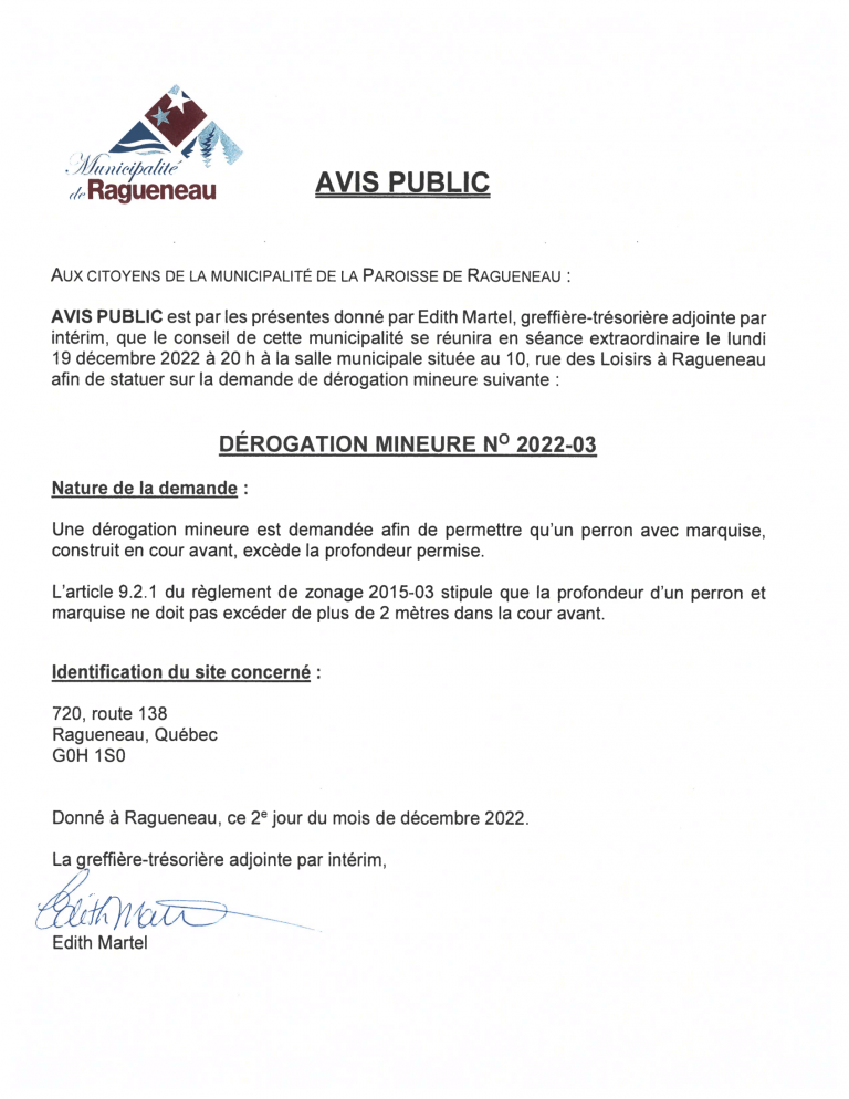 Avis public - Dérogation mineure 2022-03 - Municipalité de Ragueneau