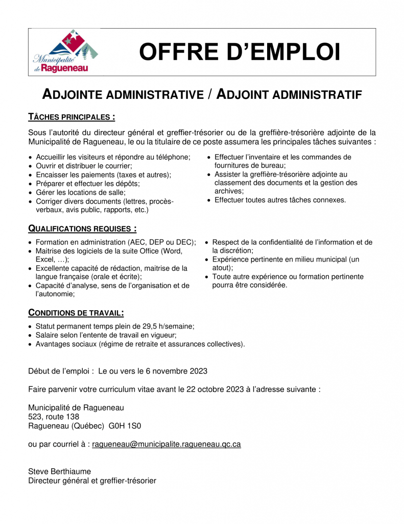 Offre d'emploi - adjointe administrative / adjoint administratif ...